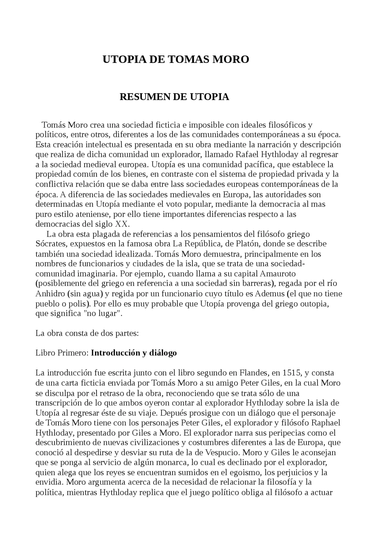 Resumen Utopía Tomás Moro - Sociedad Ideal Y Gobierno Justo | En Pocas ...